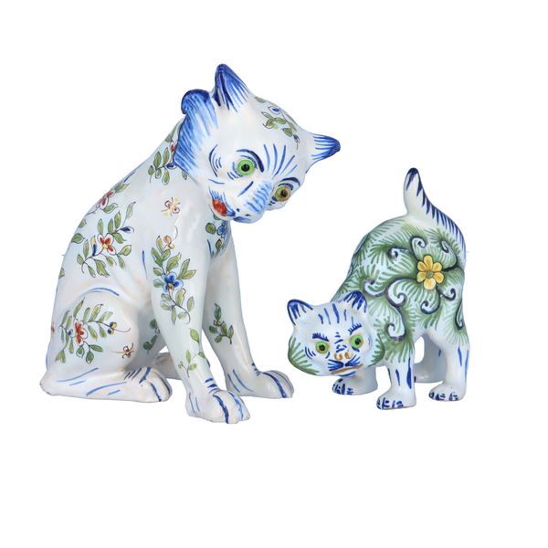 Pair of French Faience Desvres Cats - Hemswell Antique Centres